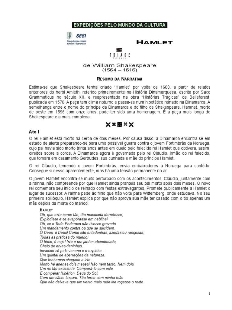 William Shakespeare - Hamlet - Resumo | PDF | Aldeia | Cláudio