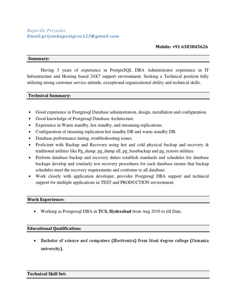 Priyanka DB New Resume | PDF | Postgre Sql | Databases