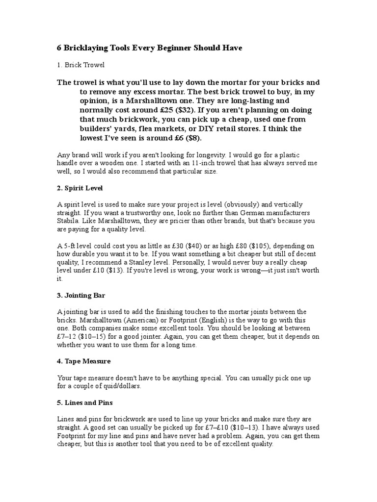 6 Bricklaying Tools Every Beginner Should Have | PDF | Economic Sectors ...