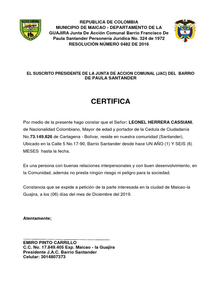 Certificado de Junta de Accion Comunal | PDF