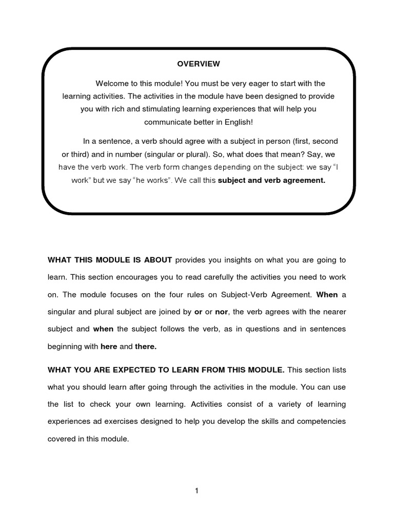 Subject-Verb Agreement Module Guide | PDF | Subject (Grammar) | Verb