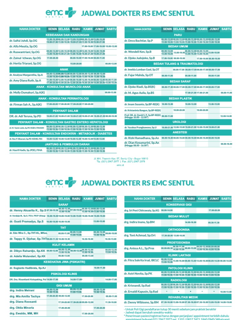 Doctor Schedule Emc Sentul 06062018 | PDF