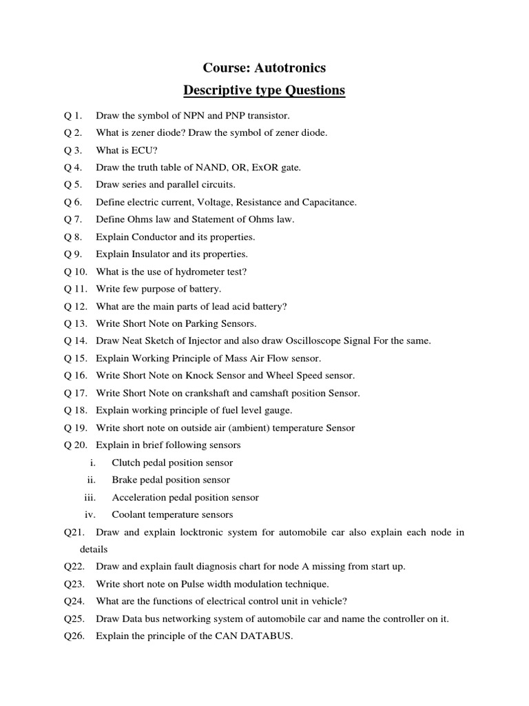 Autotronics Descriptive Type Questions | PDF | Bipolar Junction Transistor | Car