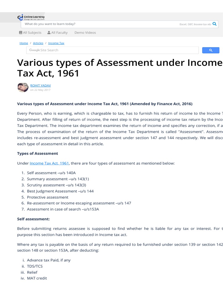 Various Types of Assessment Under Income Tax Act, 1961 | PDF | Income ...