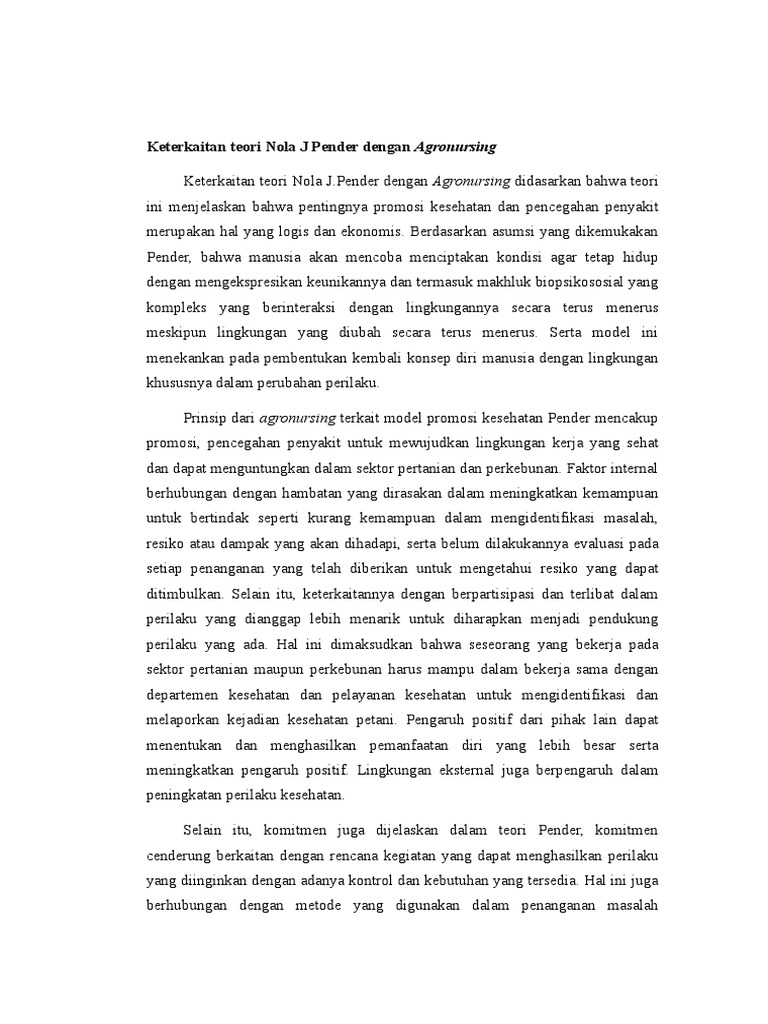 Keterkaitan Teori Nola J Pender Dengan Agronursing | PDF
