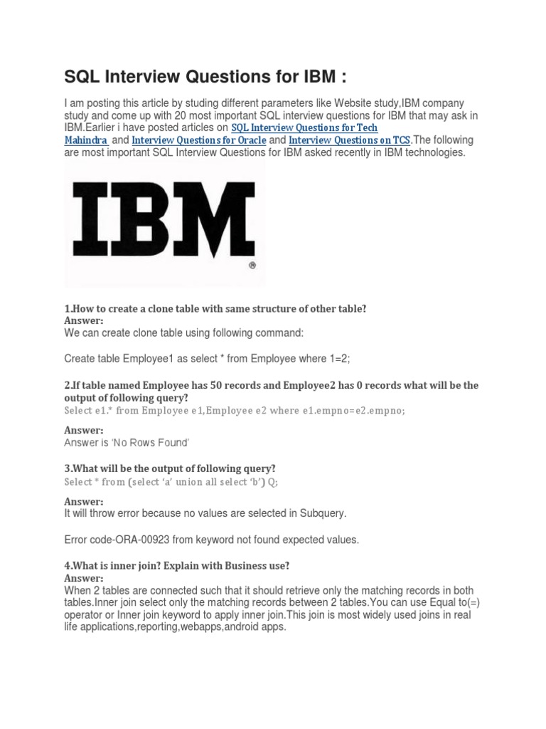 SQL Interview Questions For IBM | PDF | Table (Database) | Pl/Sql