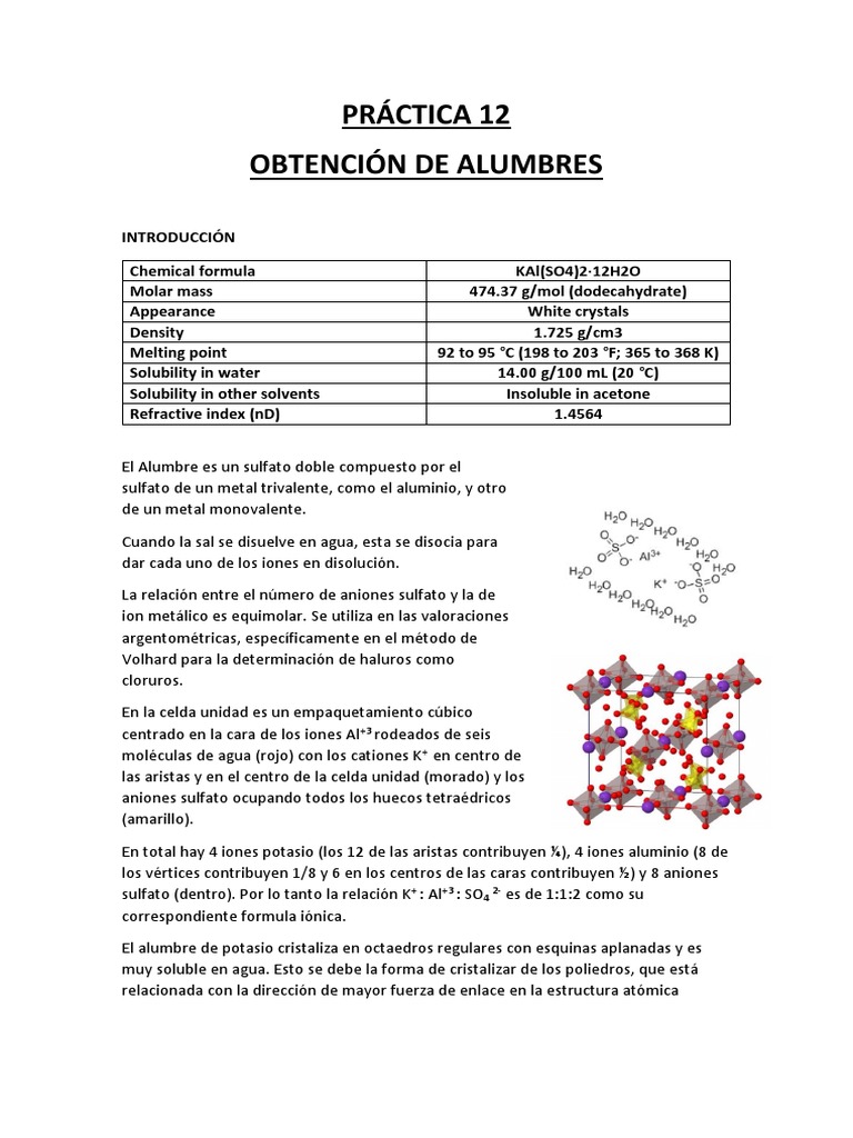 Obtención y propiedades del alumbre de potasio | PDF | Aluminio | Agua