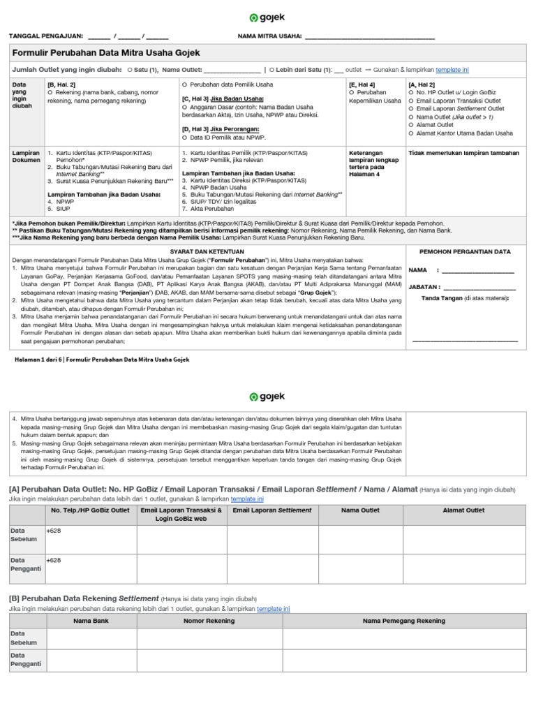 Form - Ubah Data Mitra Usaha Gojek 1911 | PDF