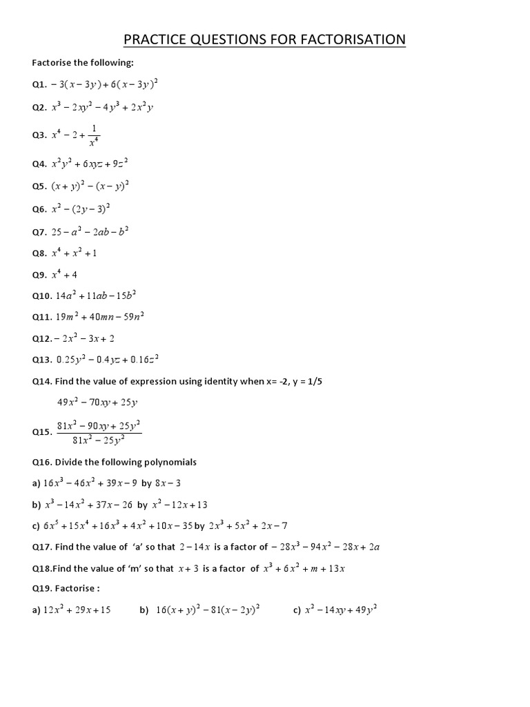 Practice Qiestions For Factorisation | PDF