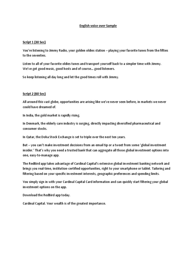 English Voice Over Sample Scripts - 30 Second & 60 Seconds | PDF