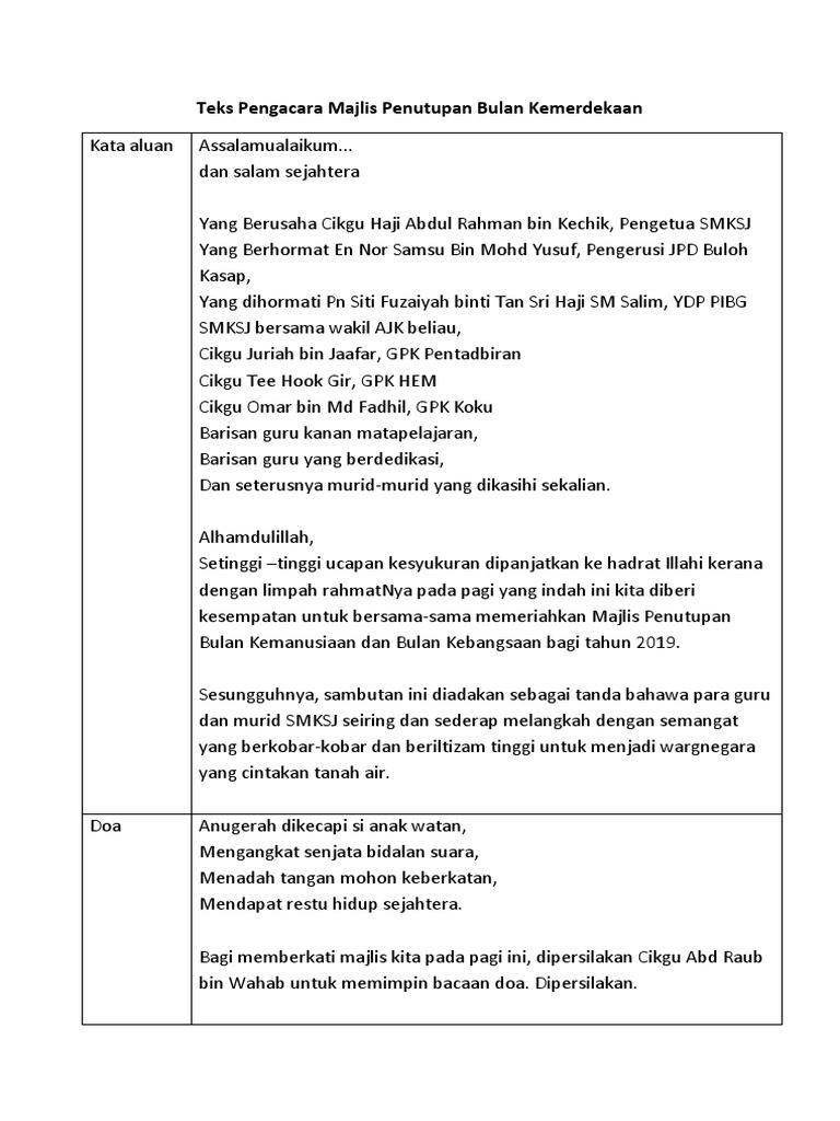 Teks Pengacara Majlis Penutupan Bulan Kemerdekaan | PDF