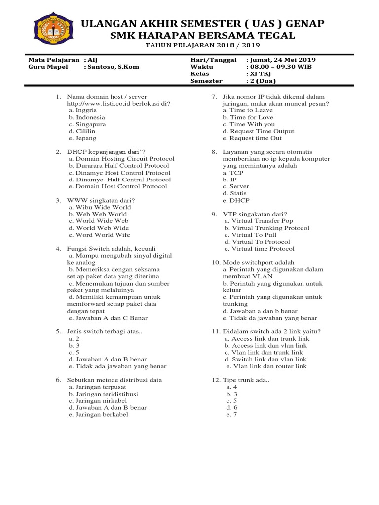 UAS Genap SMK: Soal AIJ Kelas XI TKJ | PDF | Komputer | Teknologi & Rekayasa