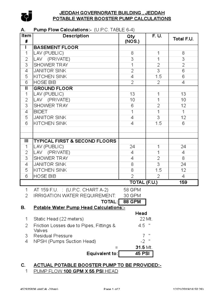 Plumbing Calculation | PDF | Pump | Hydraulics