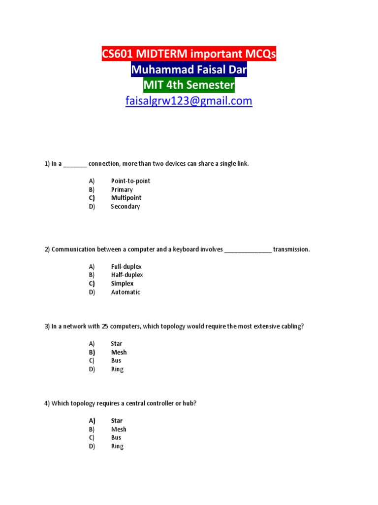cs601 Behrooz A Feroozan Midterm Mcqs | PDF | Modulation | Network Topology