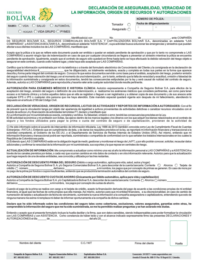 B151 - Formato Asegurabilidad PDF | PDF | Póliza de seguros | Seguro