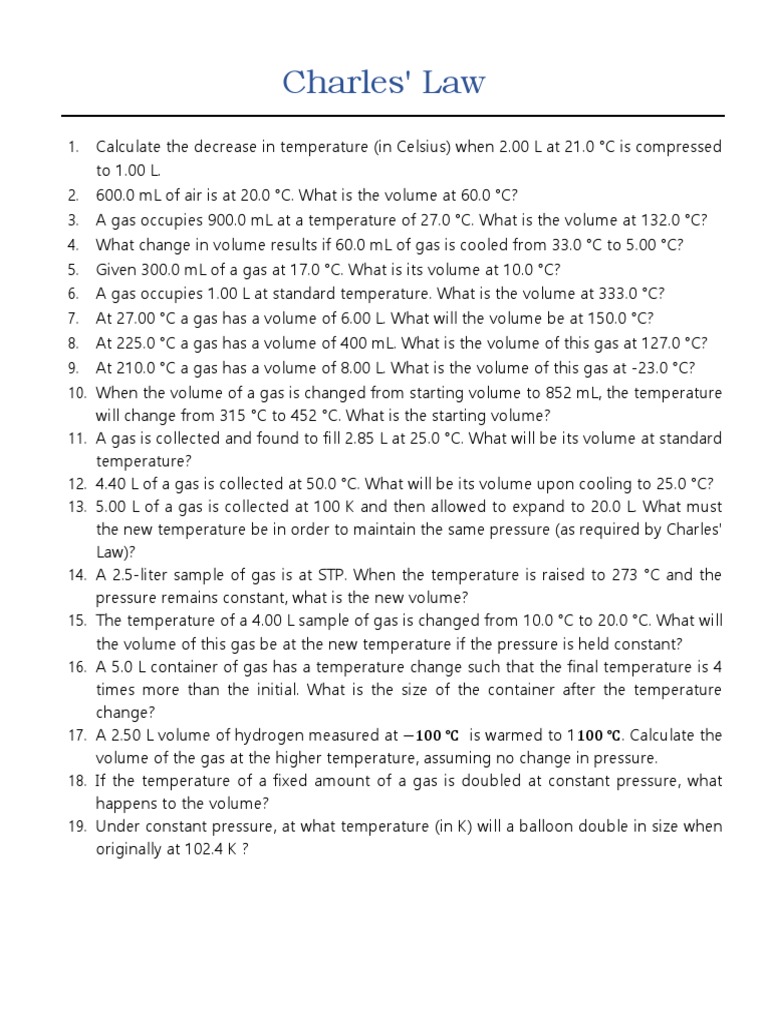 Charles' Law Practice Problems | PDF