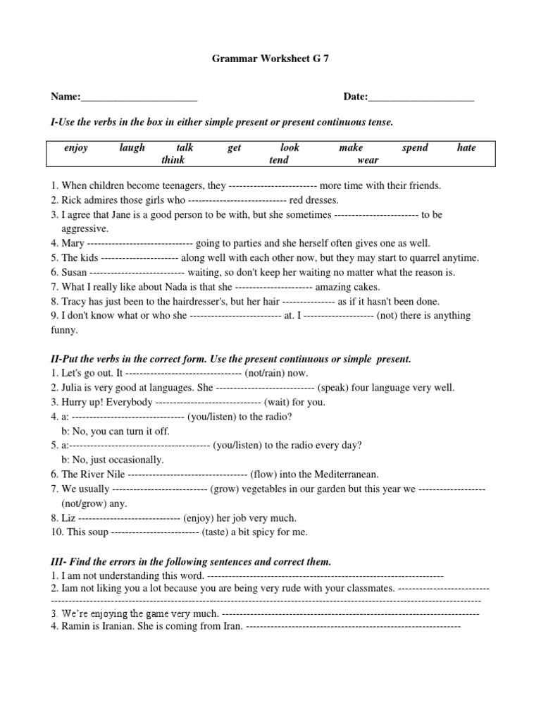 G7 Grammar Worksheet | PDF | Syntactic Relationships | Morphology