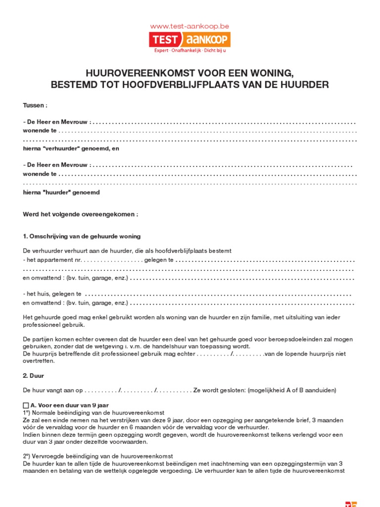 Huurovereenkomst Voor Een Woning Bestemd Tot Hoofdverblijfplaats Van de ...
