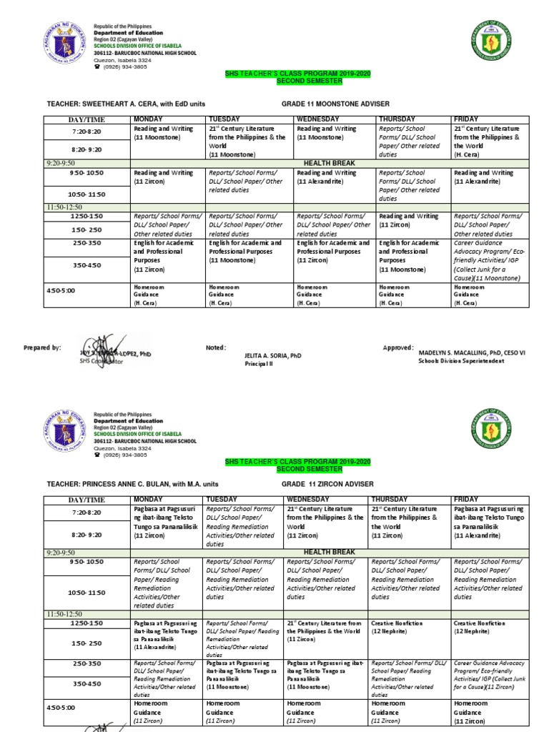 SHS-TEACHERS-CLASS-PROGRAM-2019-2020-2ND-SEM | Learning | Behavior ...