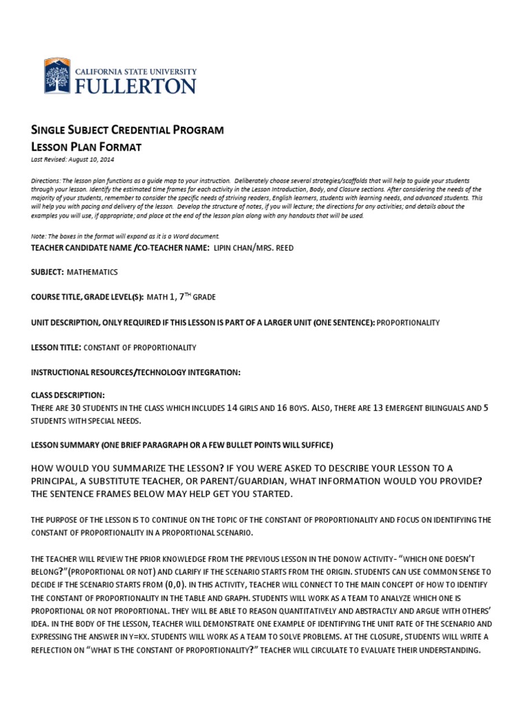 Lesson Plan 10 28 - Constant of Proportionality | PDF | Educational ...