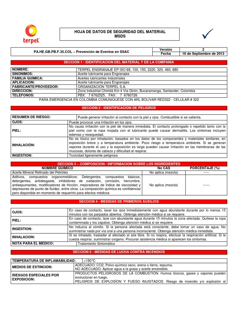 Aceite Hidraulico ISO 68 Terpel.pdf | Oxígeno | Petróleo