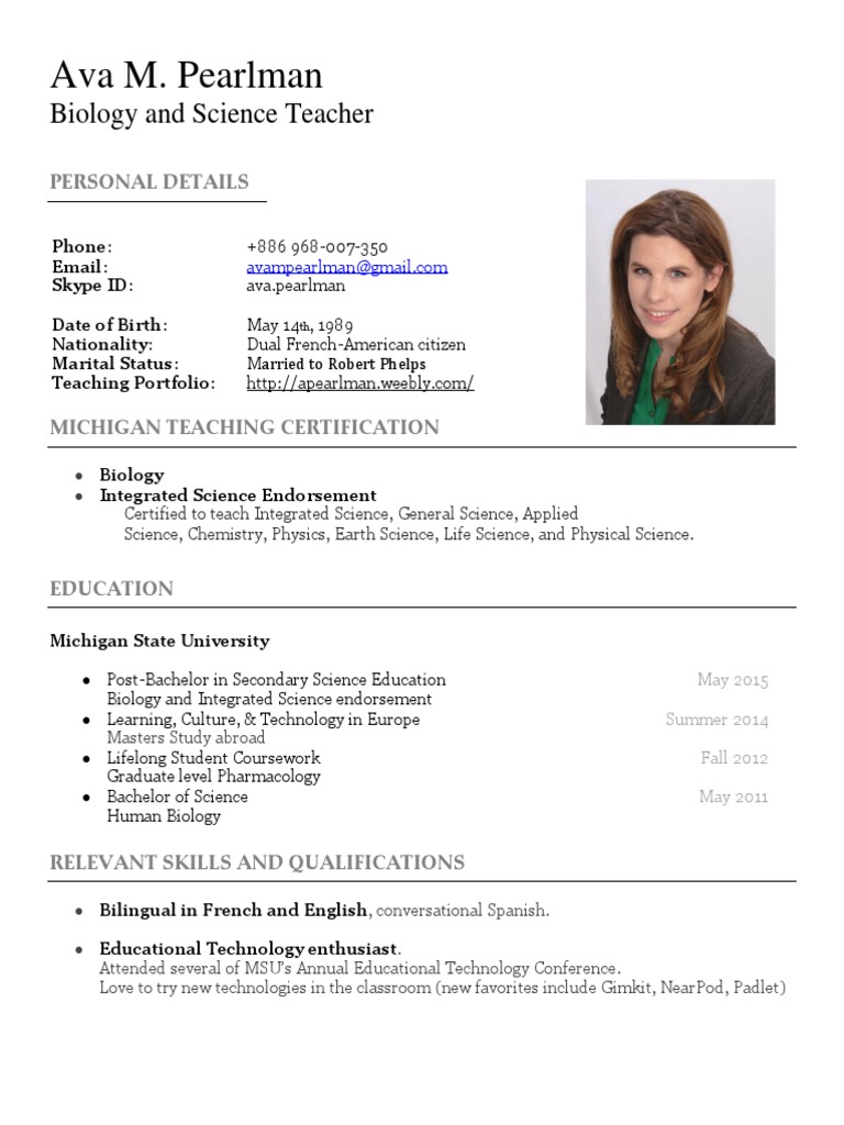 Ava Pearlman's Science Teacher CV | PDF | Science Education | Teachers