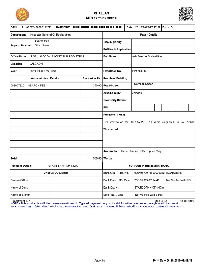 Challan Description in Maharastra | PDF | Payments | Financial Services