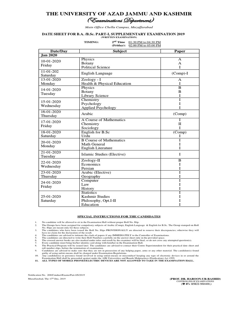 Date Sheet BA P I PDF | PDF | Bachelor Of Science