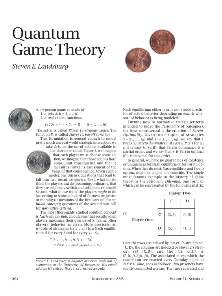 Quantum Game Theory: Steven E. Landsburg | PDF | Vector Space | Matrix (Mathematics)