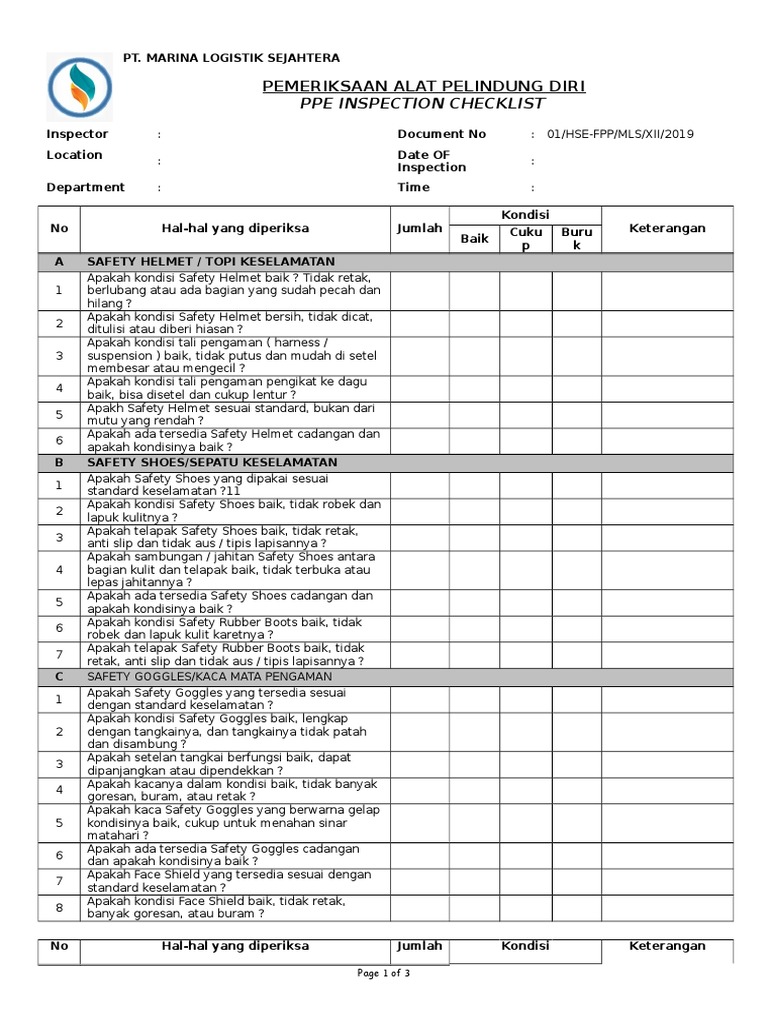 Checklist Inspeksi PPE PT. Marina Logistik | PDF
