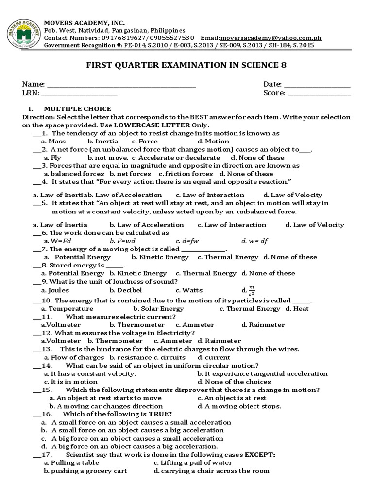 Understanding Forces and Motion: An Analysis of a Science Exam for 8th ...