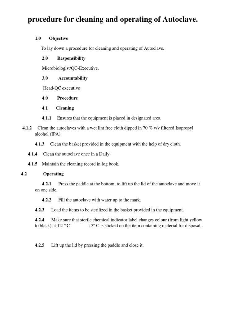 Autoclave Cleaning and Calibration SOP | PDF | Sterilization ...