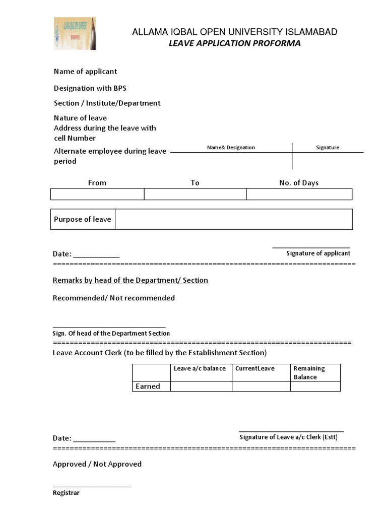 Leave Application Proforma Template | PDF