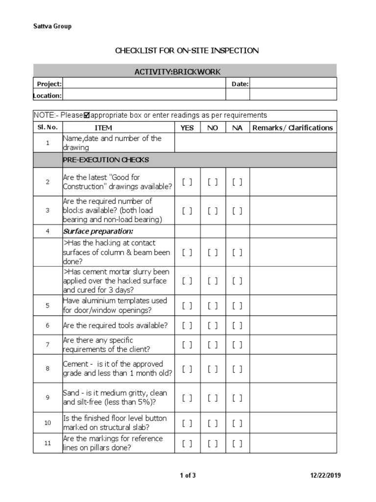 BRICK WORK Checklist | PDF | Building Engineering | Engineering