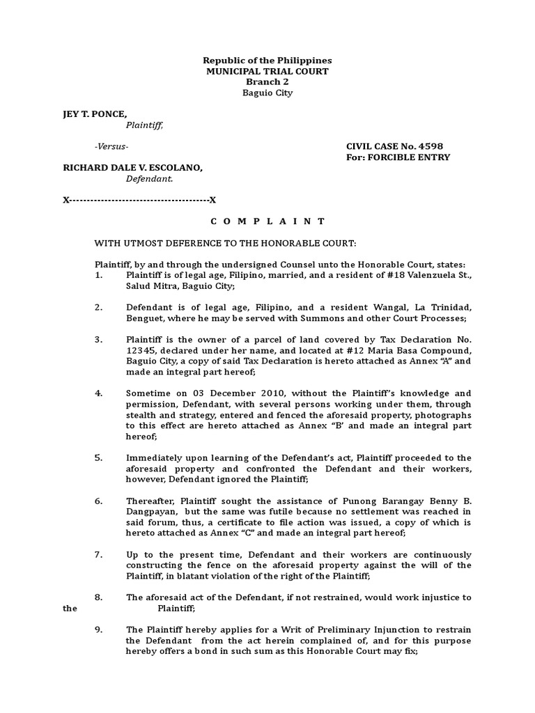 Complaint (Forcible Entry) | Download Free PDF | Lawsuit | Damages