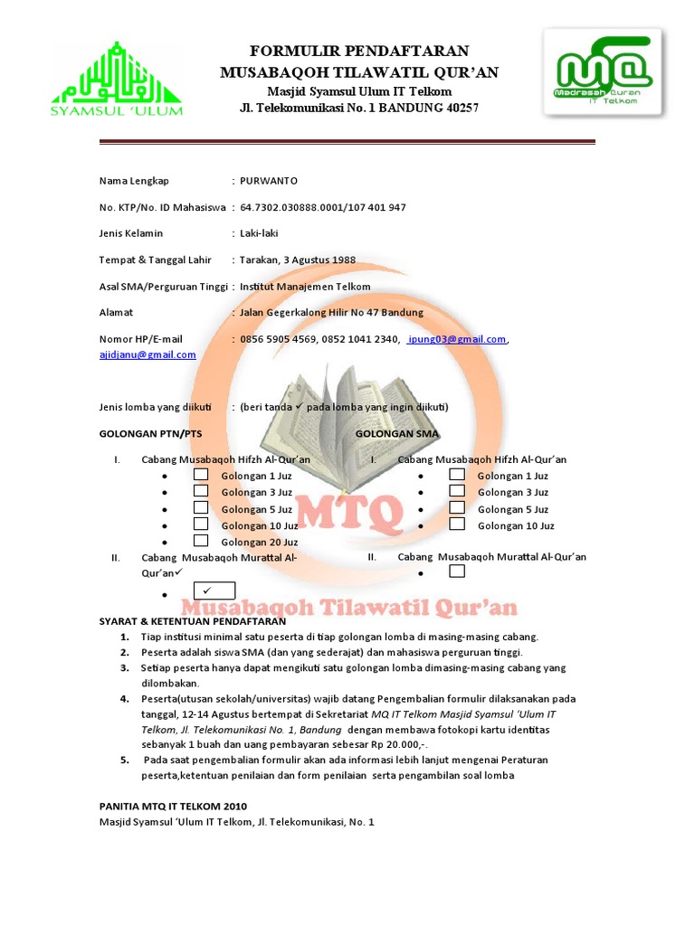 Formulir Pendaftaran MTQ | PDF