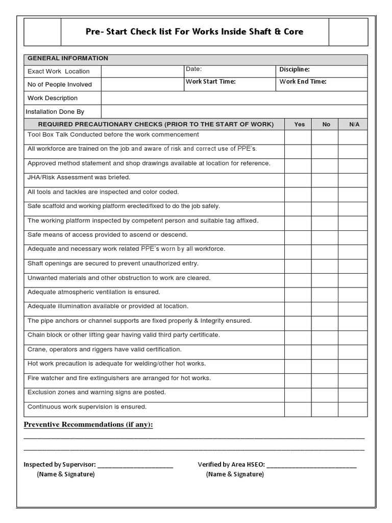 Pre Start Check List For Works Inside Shaft & Cores | PDF