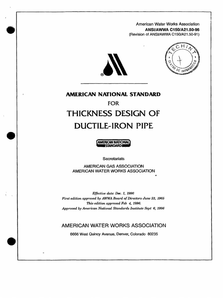 AWWA C150 A21 50 96 Thickness Design of Ductile Iron Pipe PDF | PDF