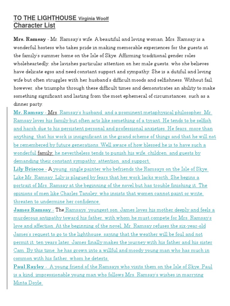To The Lighthouse Character List | PDF | To The Lighthouse