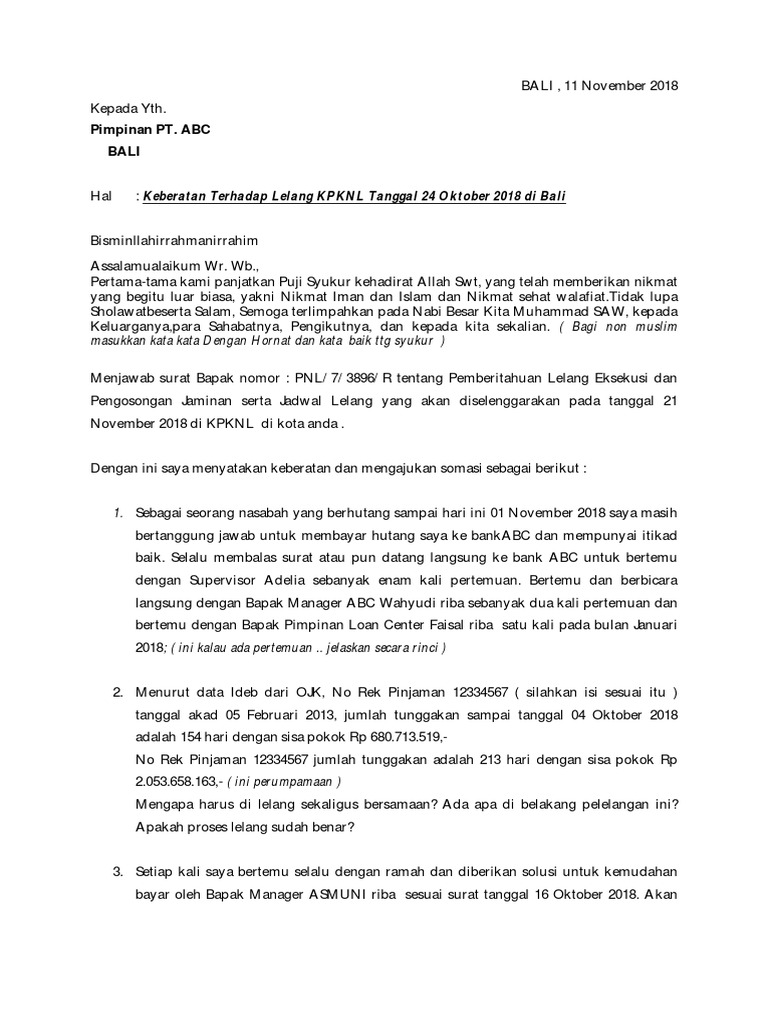 Surat Keberatan Lelang | PDF | Hukum