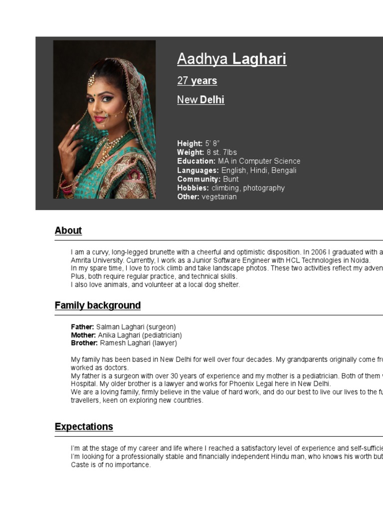 Aadhya Laghari: Profile & Partner Expectations | PDF