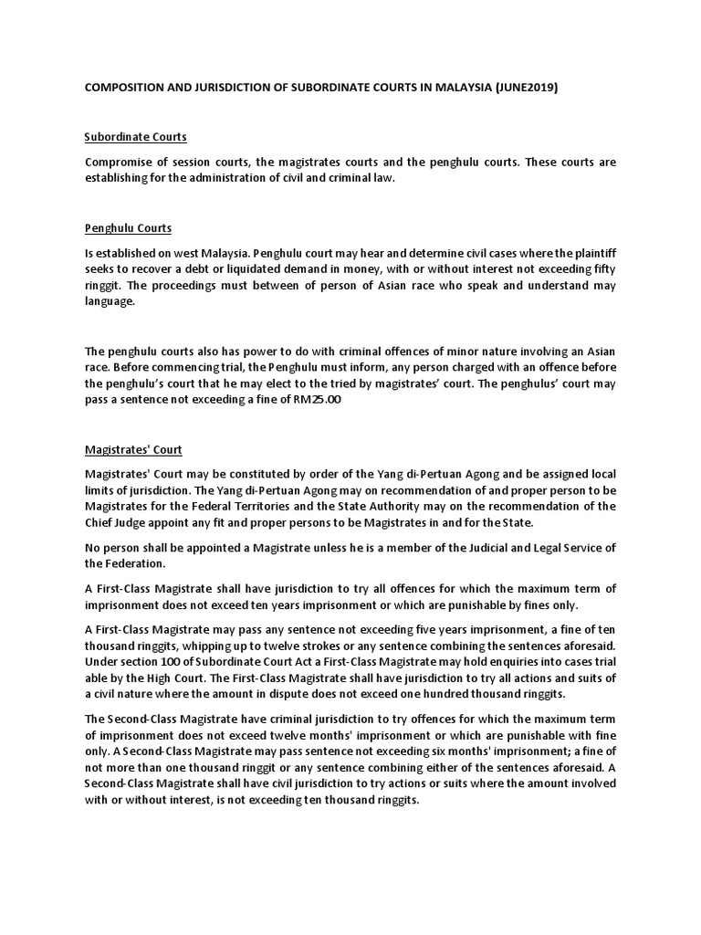 Composition and Jurisdiction of Subordinate Courts in Malaysia | PDF ...