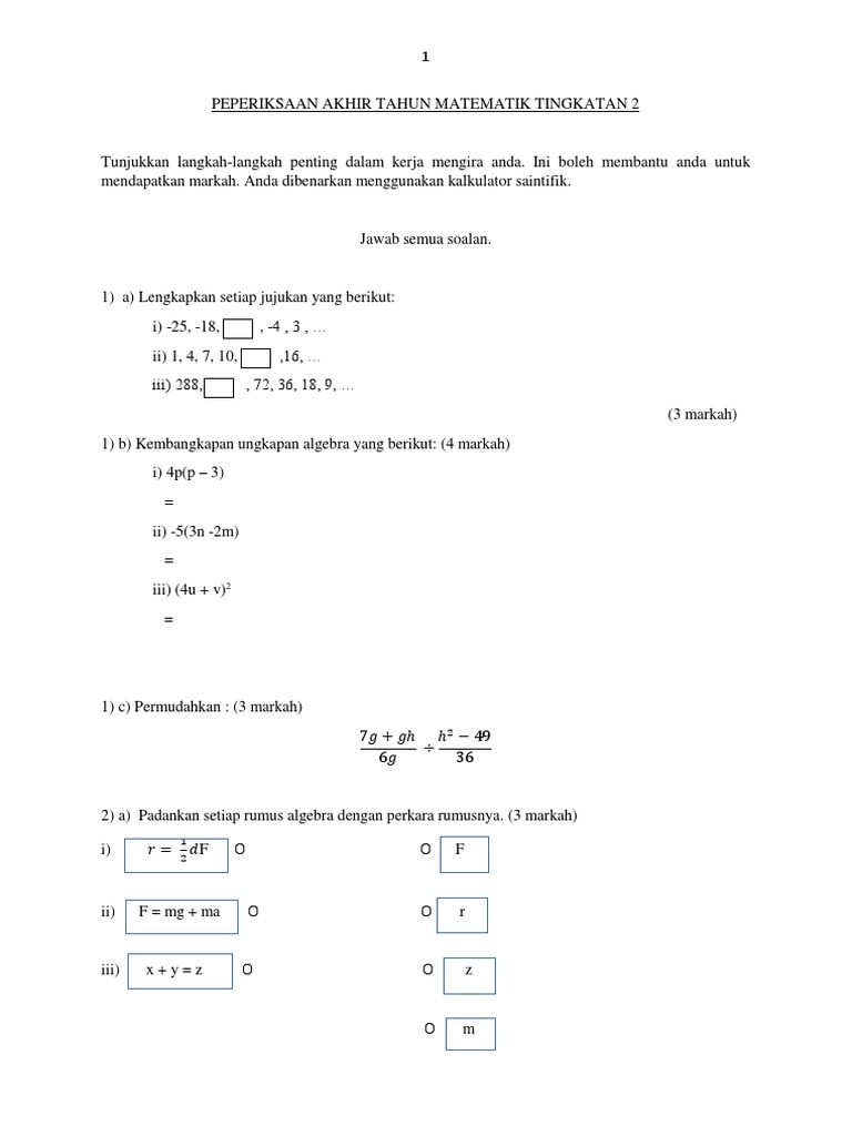Soalan Peperiksaan Akhir Tahun 2019 Tingkatan 2 Matematik | PDF