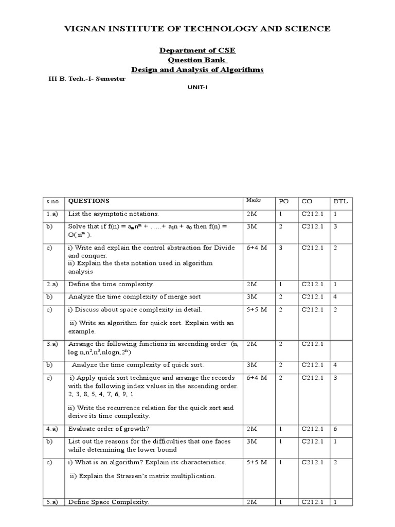 DAA QUESTION BANK Updated1-08-19 | PDF | Recurrence Relation | Time ...