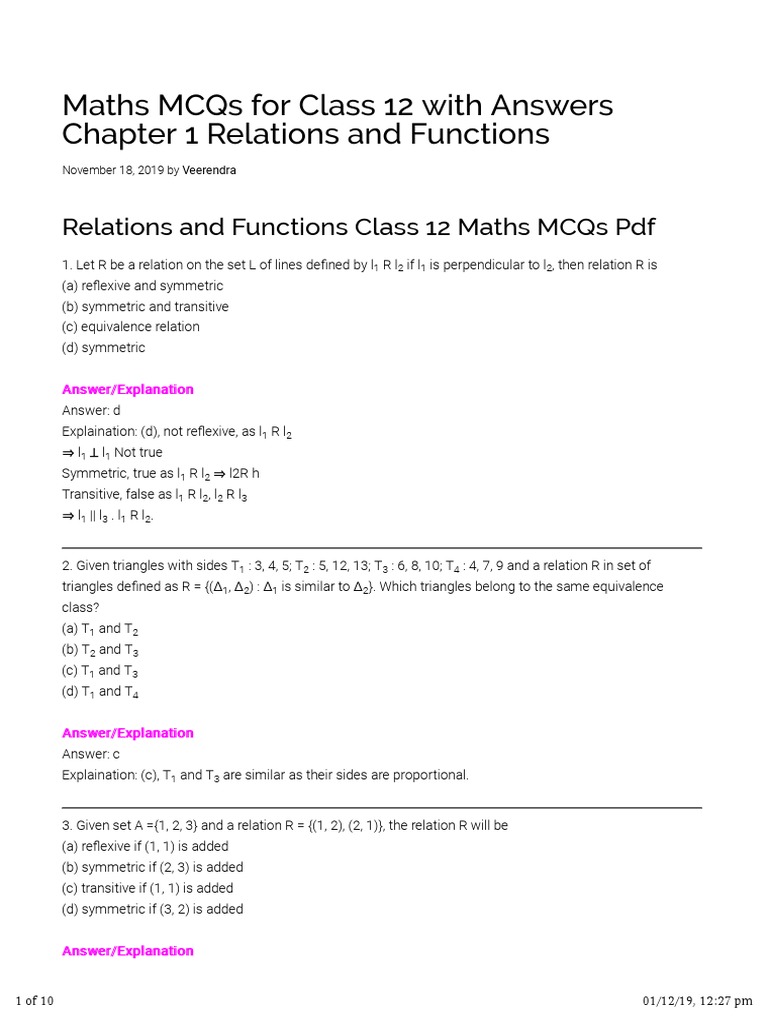 Class 12 Maths MCQs: Relations & Functions | PDF | Matrix (Mathematics ...