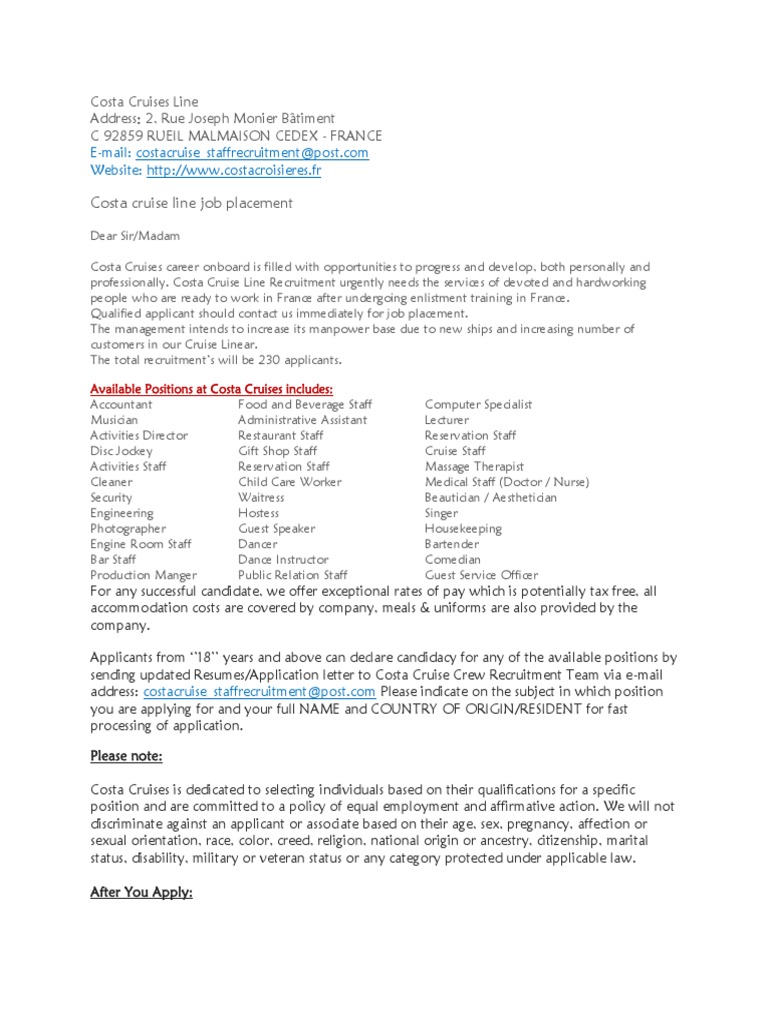 Costa Cruise Job Placement Apply Now | PDF | Labour