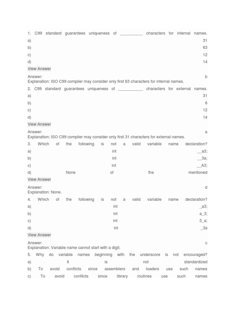 C Programming Fundamentals Quiz Variable Names Data Types And Expressions Pdf C