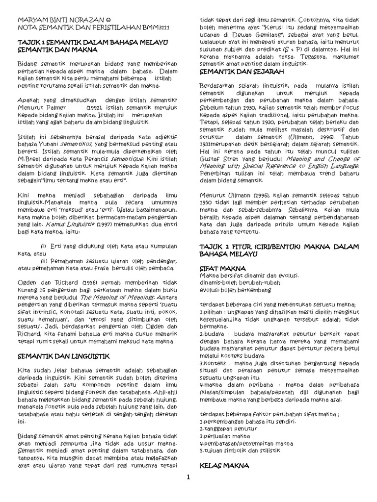 Nota Semantik Dan Peristilahan BMM3111 | PDF