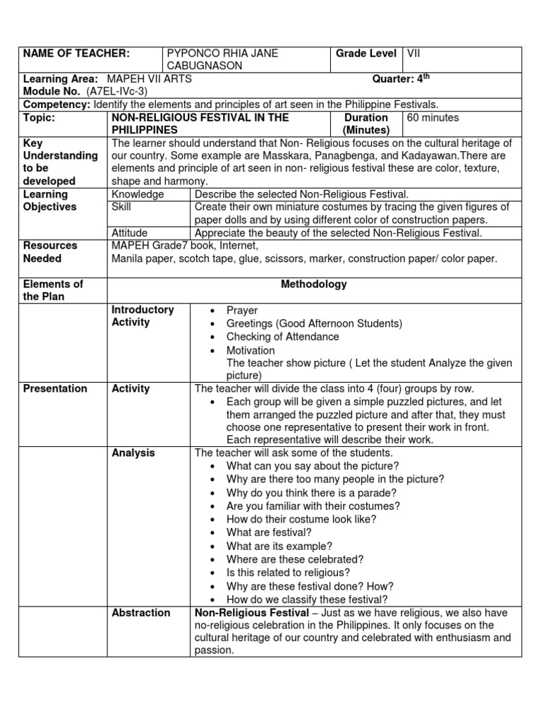 Lesson Plan On MAPEH | PDF | Festival | Lesson Plan