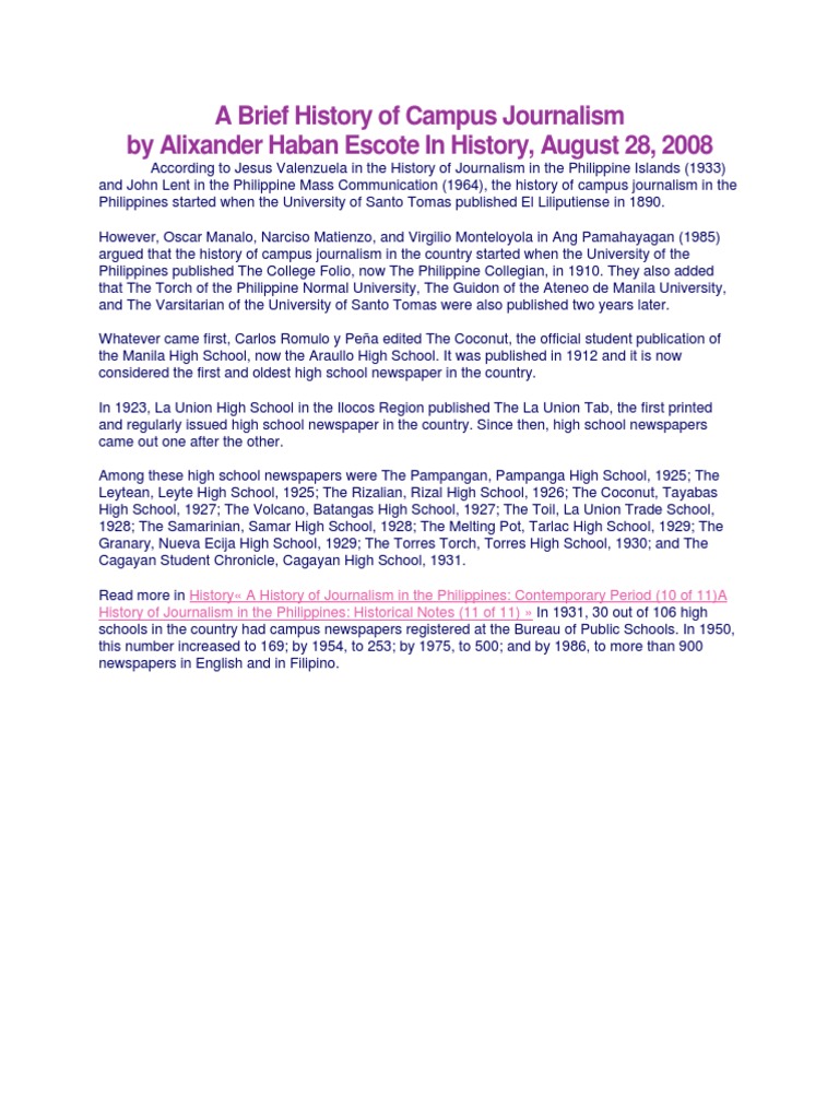 A Brief History of Campus Journalism | PDF | Politics | Travel